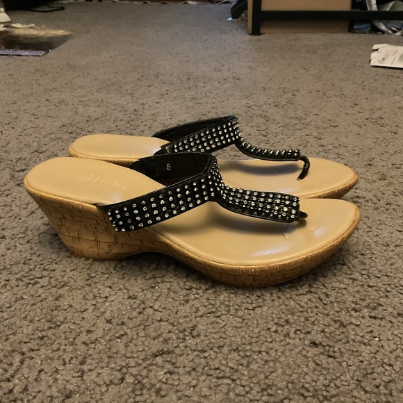 Callisto | Shoes | New Callisto Crystal Black Resort Wedge Thong ...
